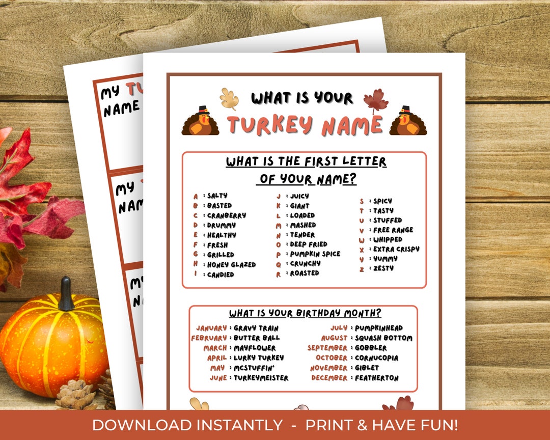 Turkey Name Game - What's Your Turkey Name Game - Thanksgiving Fun ...