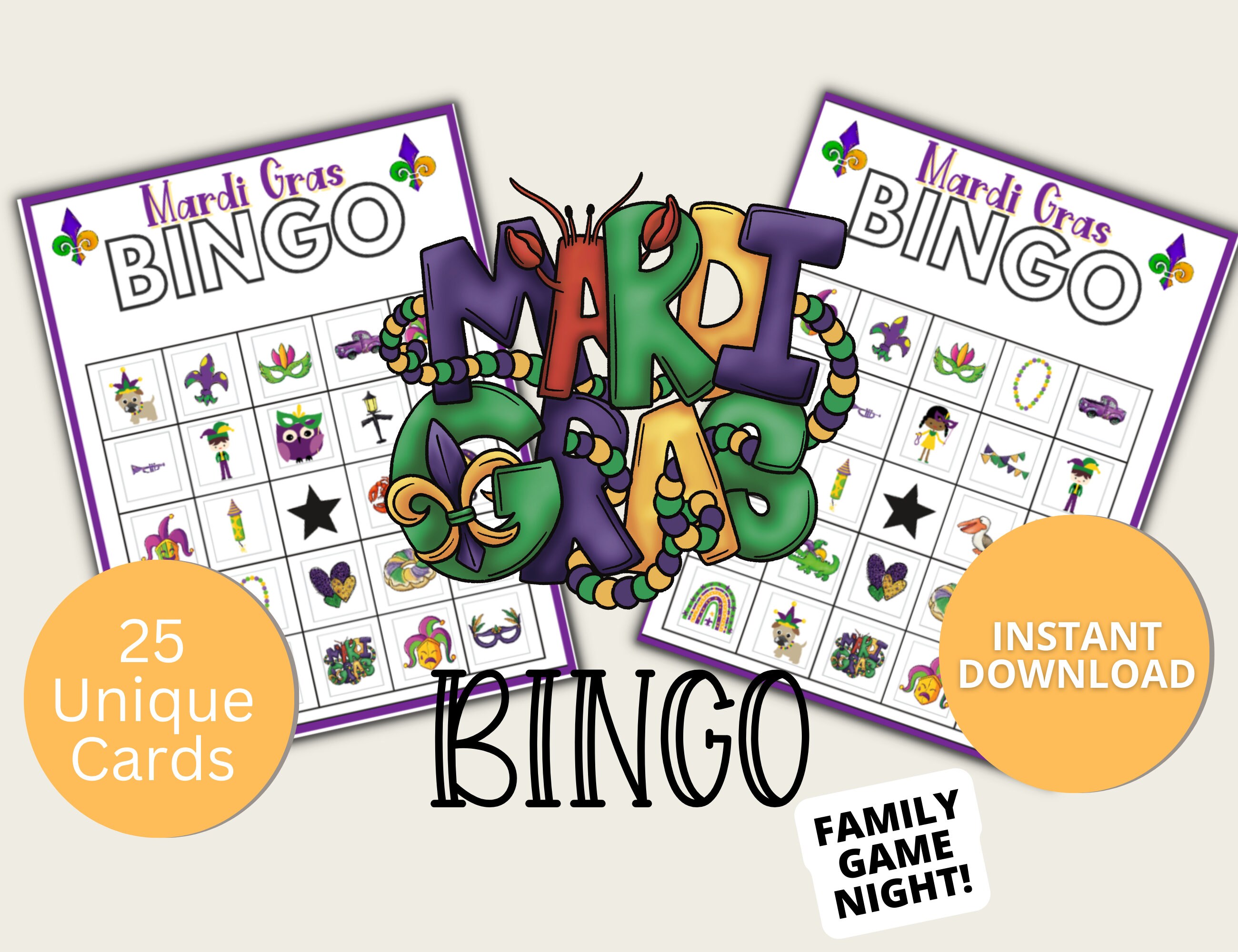 Mardi Gras BINGO Game for Kids and Adults, Family Activity, Holiday ...