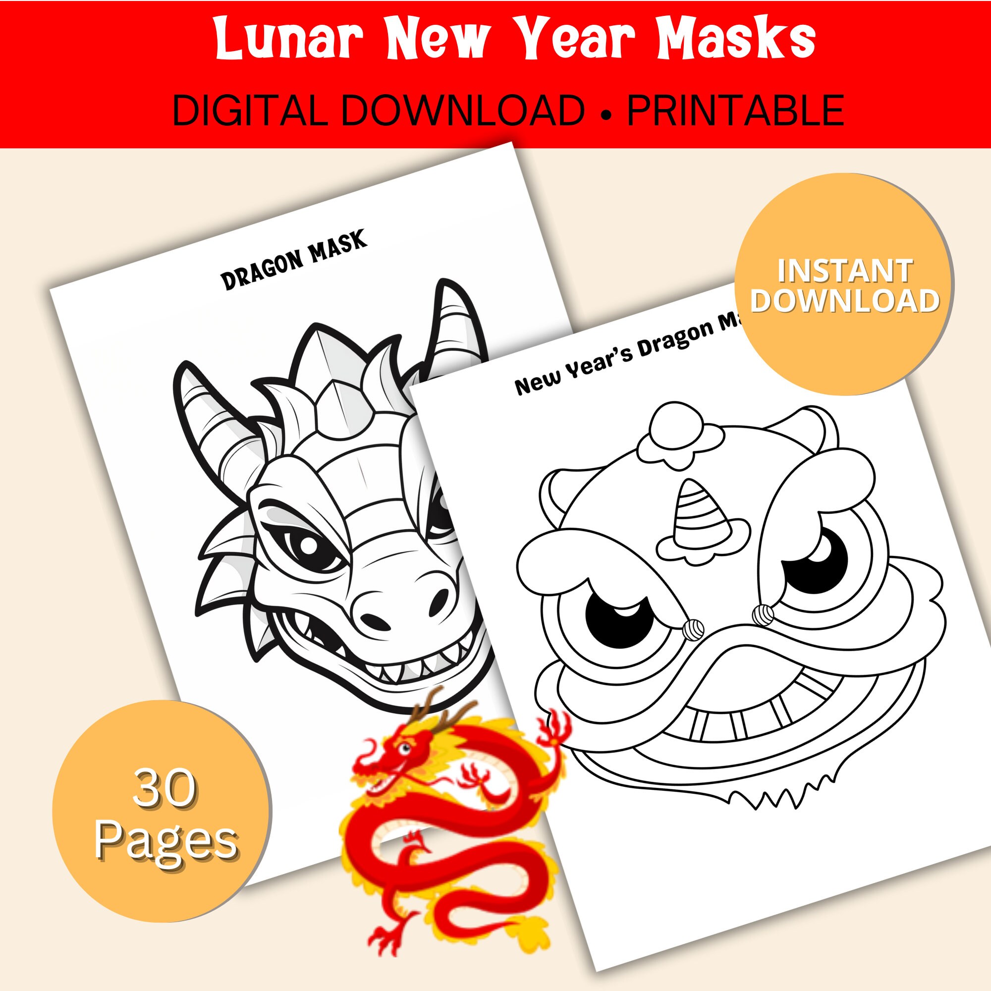 Lunar New Year Dragon Masks Printable Chinese Zodiac Paper Masks Lunar ...