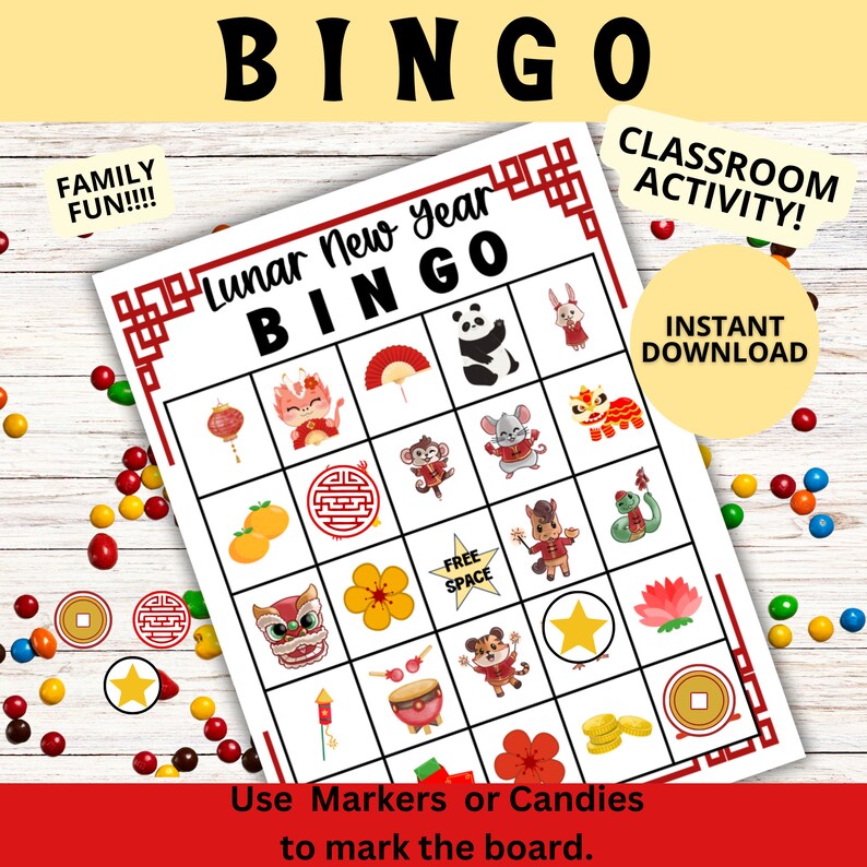 Lunar New Year BINGO Game for Kids and Adults, Family Activity, Holiday ...