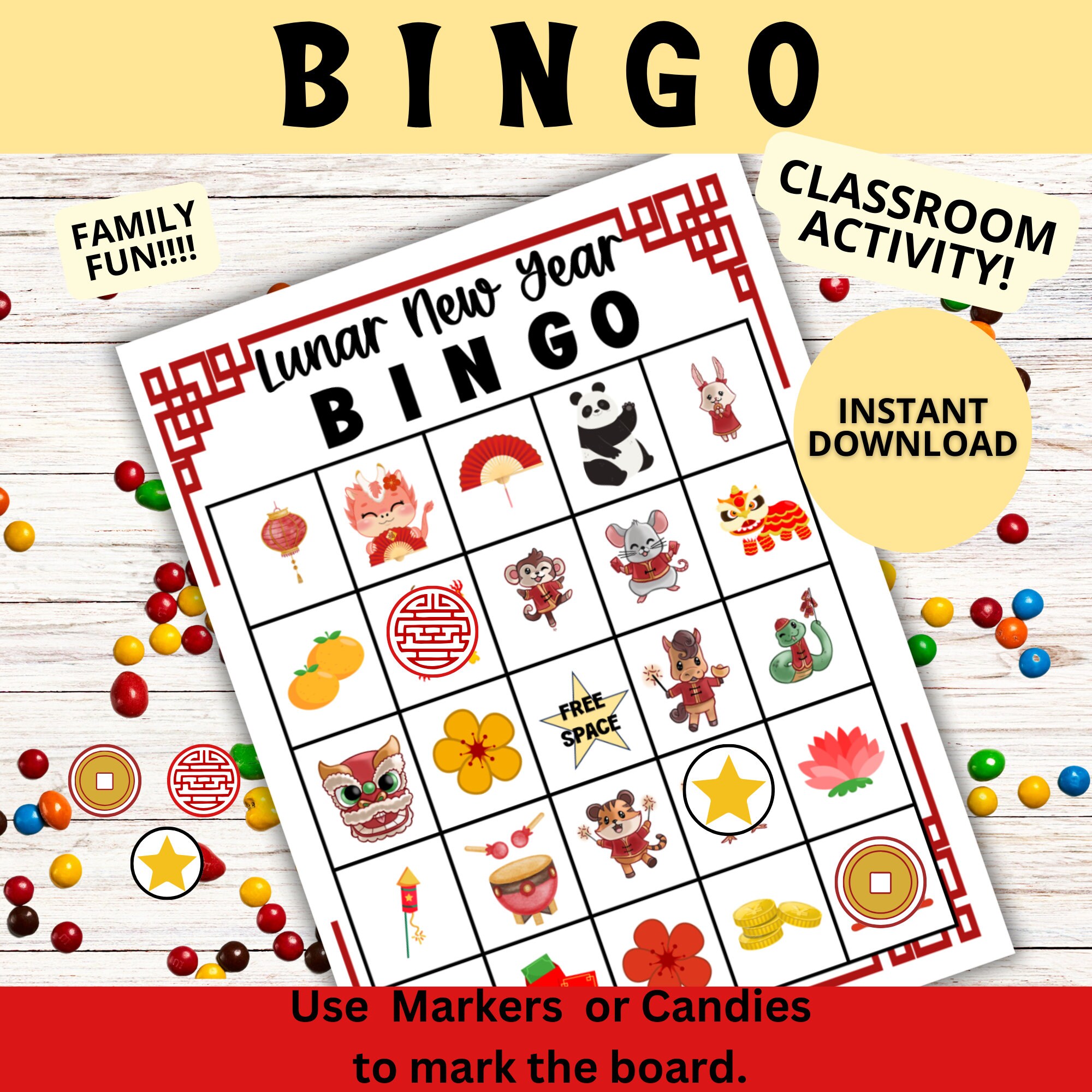 Lunar New Year BINGO Game for Kids and Adults, Family Activity, Holiday ...