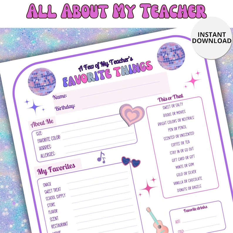 Teacher's Favorite Things Printable | Back to School Gift for Teachers ...