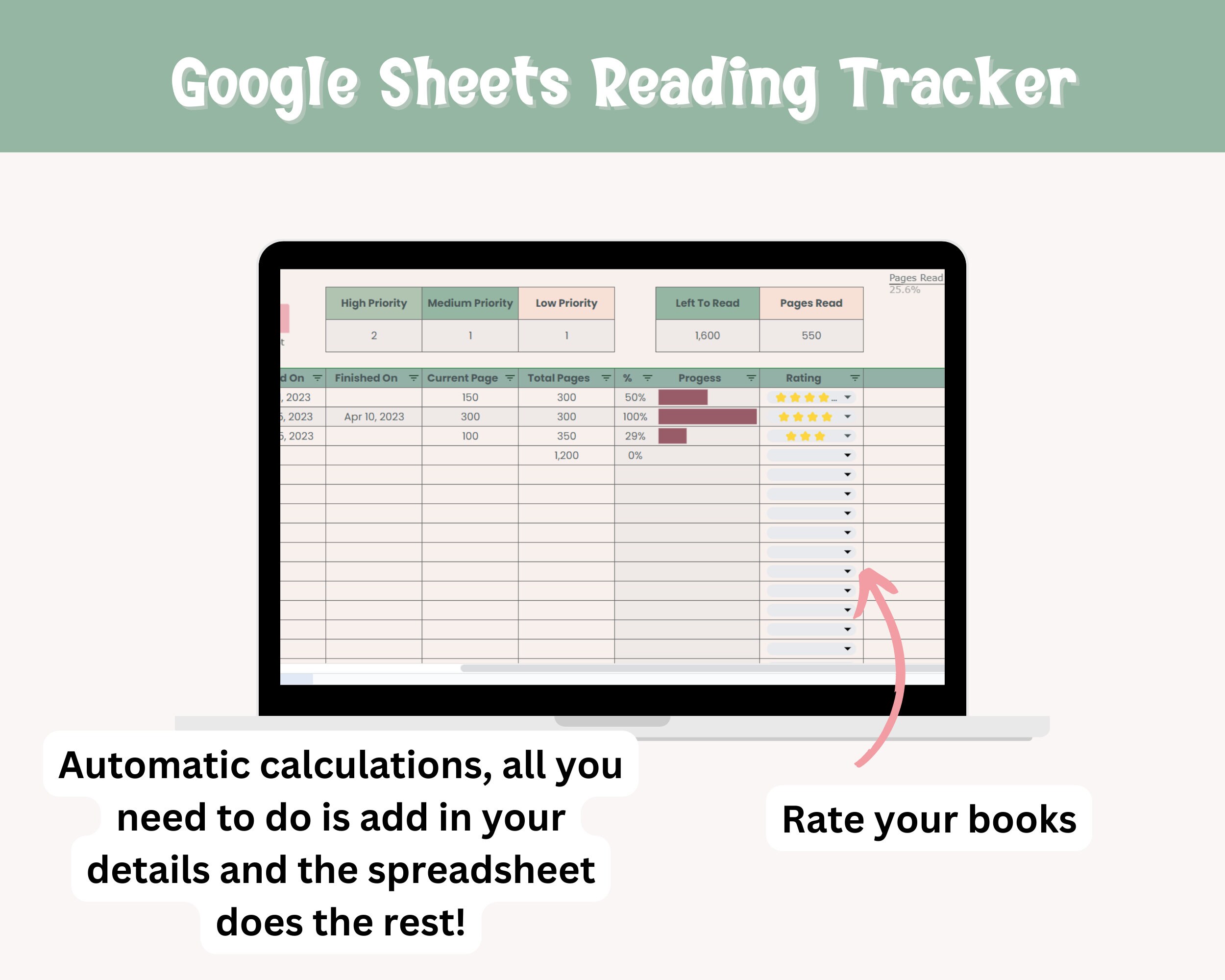 Google Sheets Reading Log Minimalist Reading Tracker Pink and Green ...