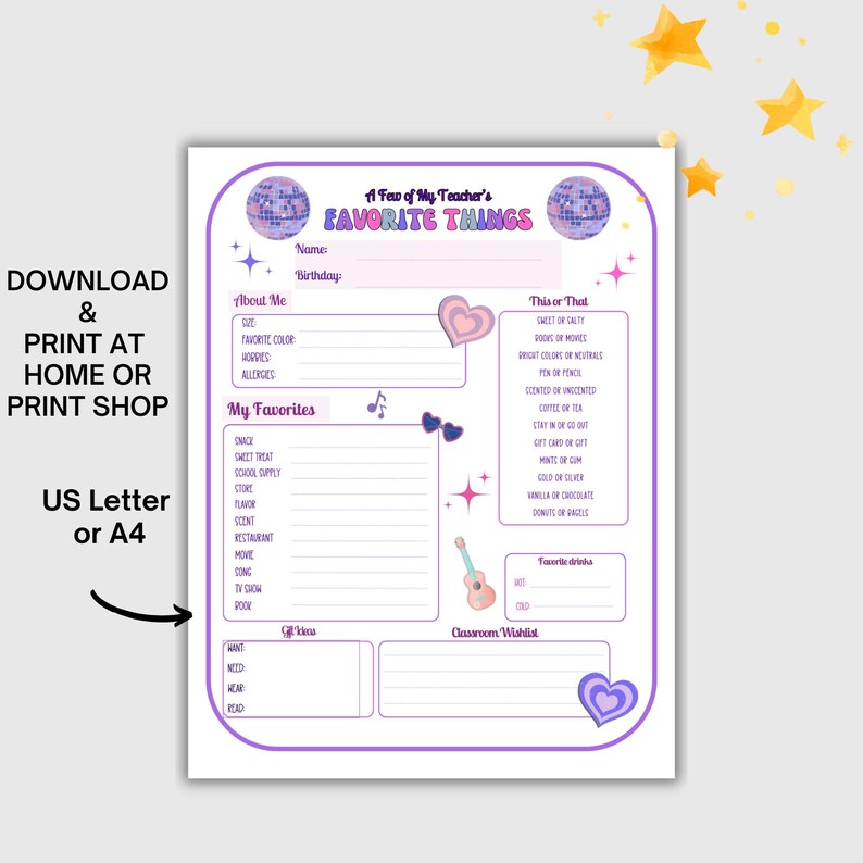 Teacher's Favorite Things Printable | Back to School Gift for Teachers ...
