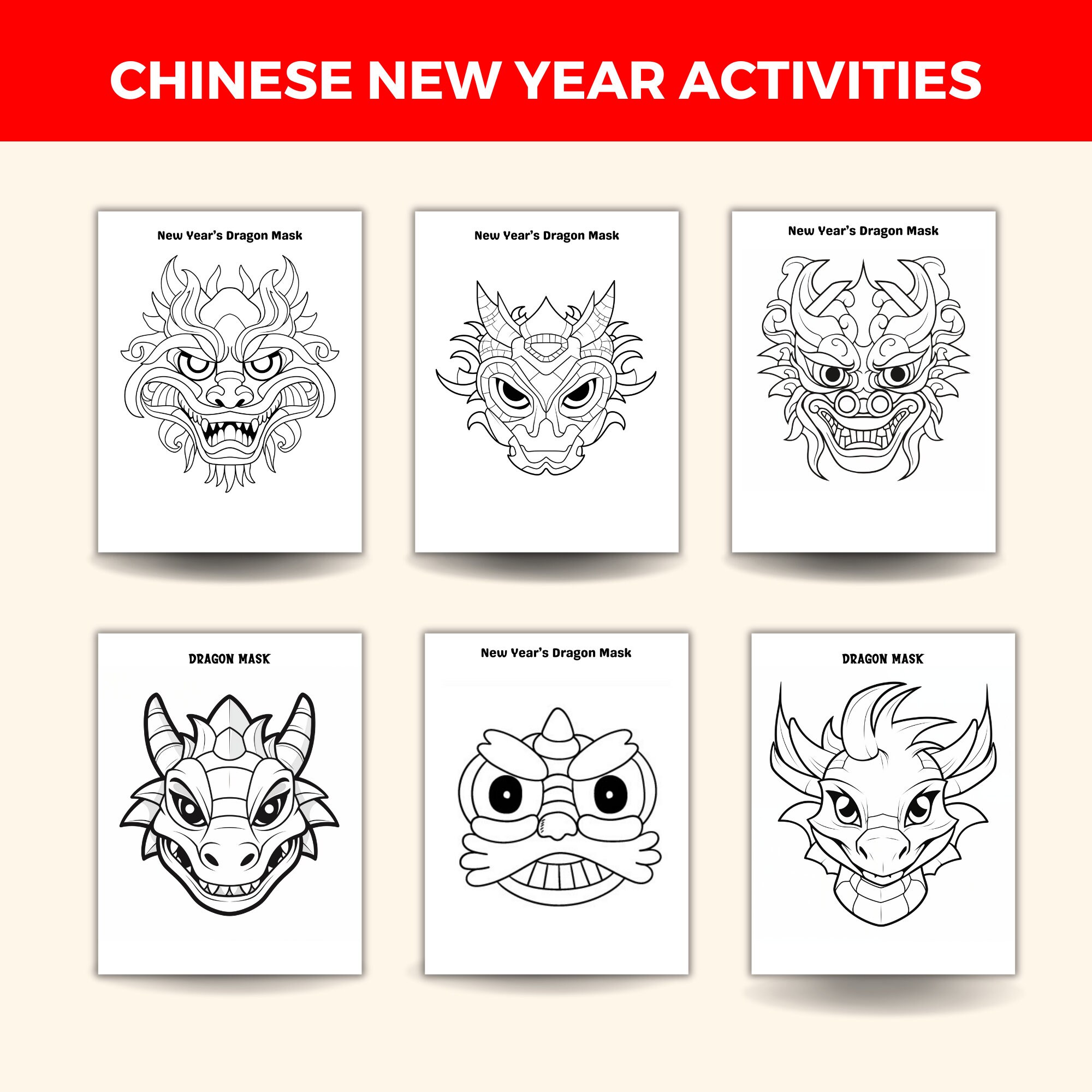 Lunar New Year Dragon Masks Printable | Chinese Zodiac Paper Masks ...