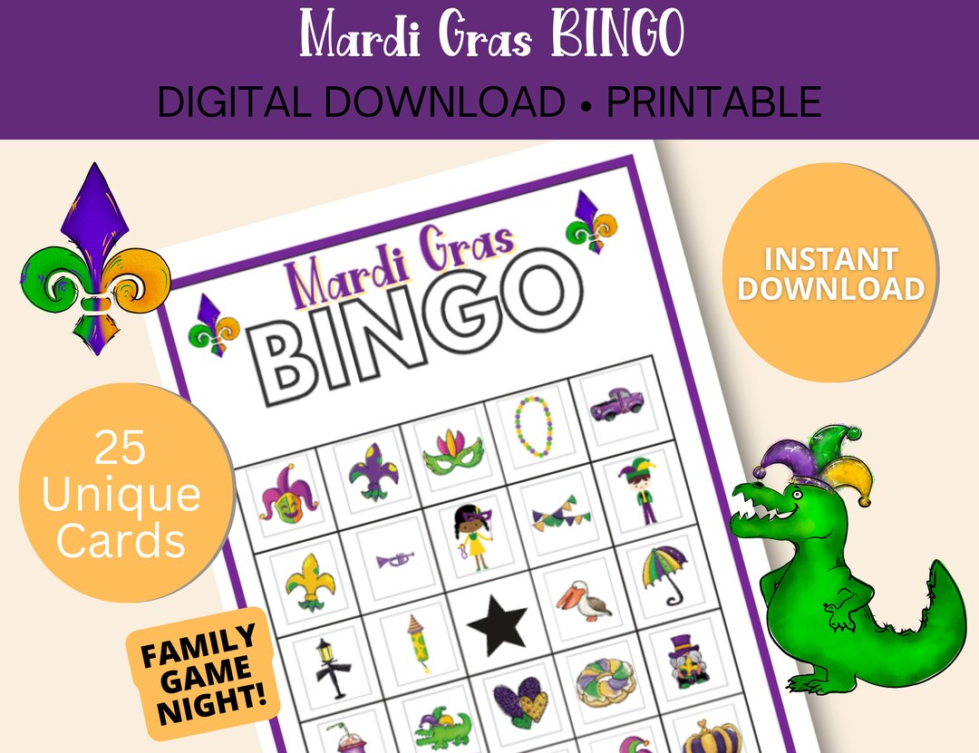 Mardi Gras BINGO Game for Kids and Adults, Family Activity, Holiday ...