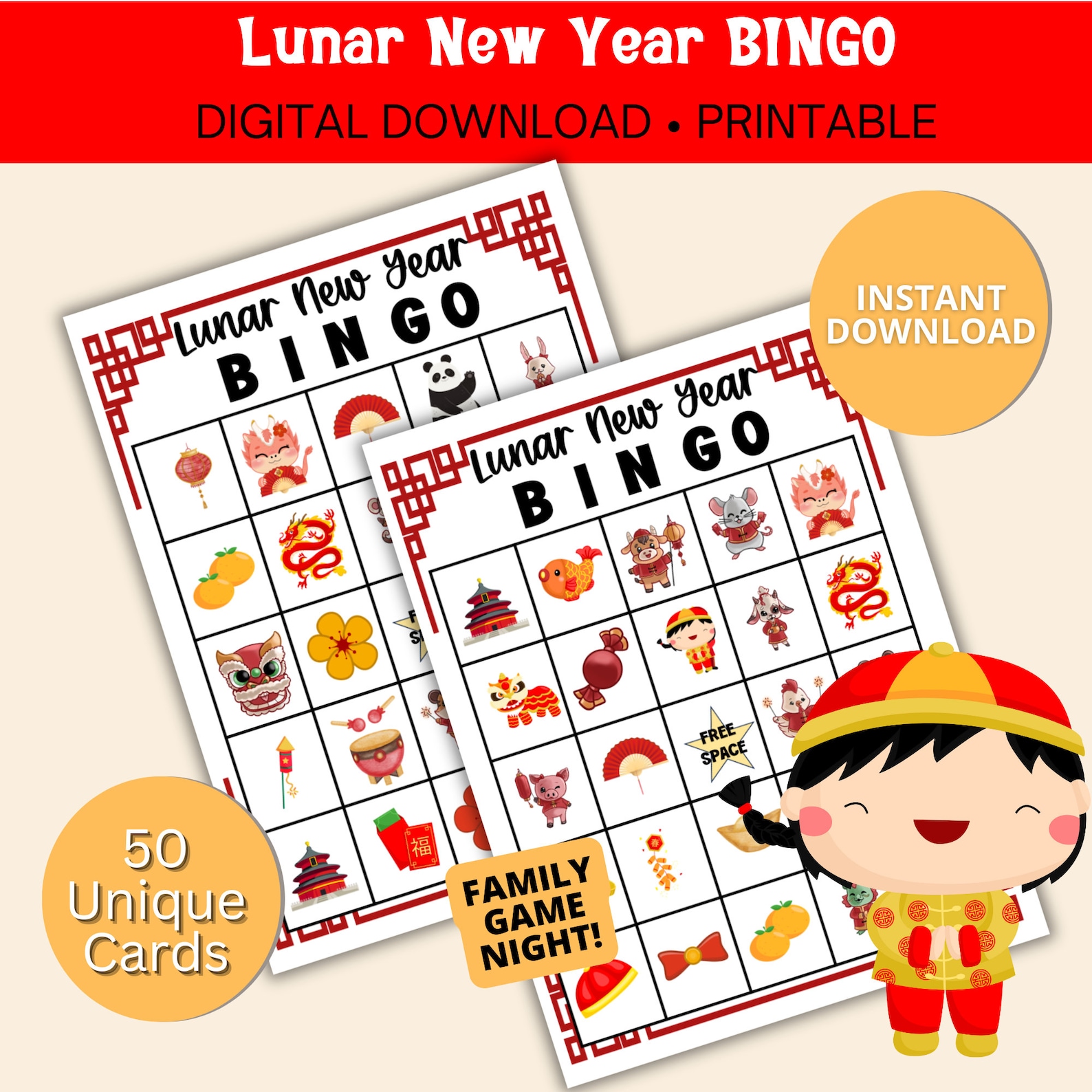 Lunar New Year BINGO Game for Kids and Adults, Family Activity, Holiday ...