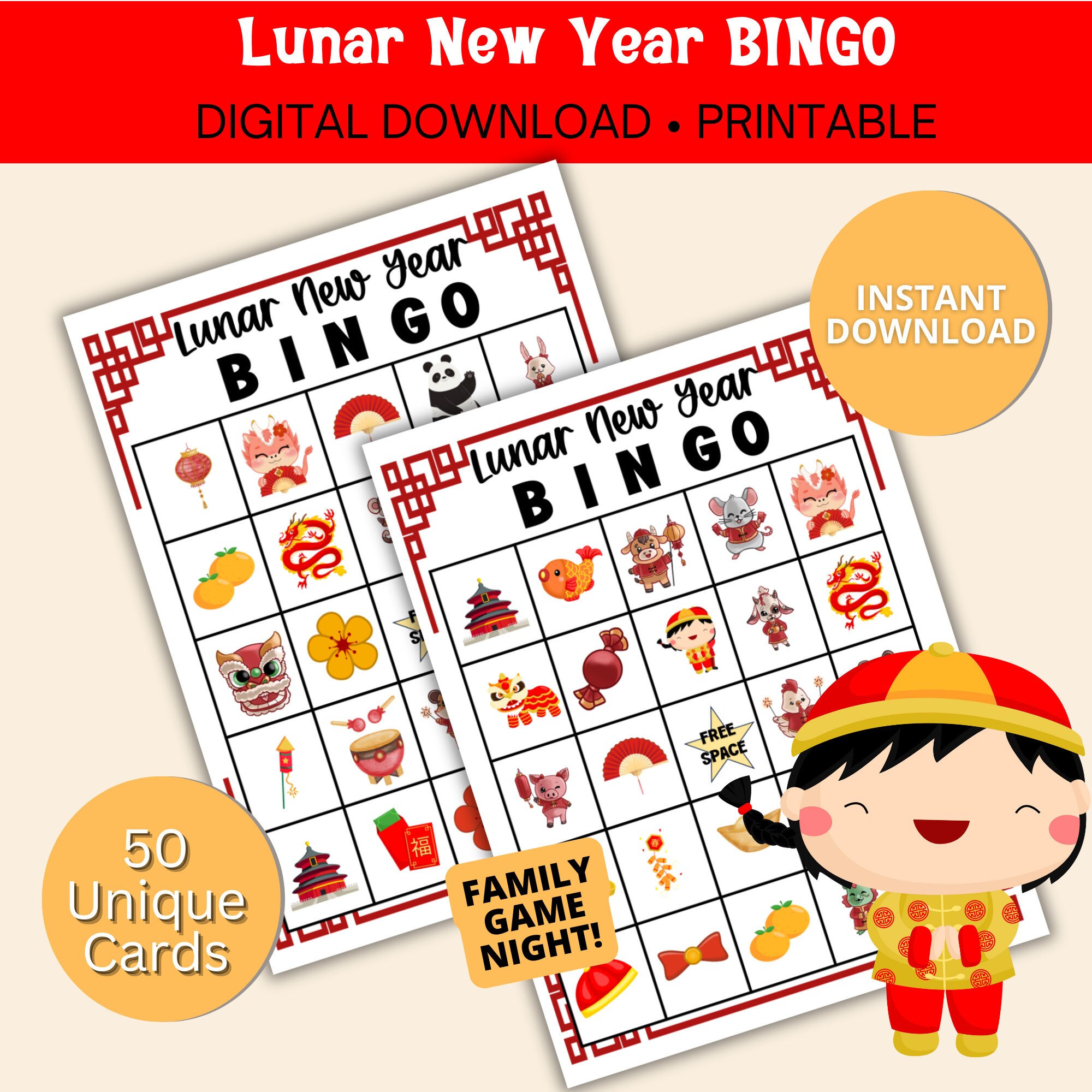 Lunar New Year BINGO Game for Kids and Adults, Family Activity, Holiday ...