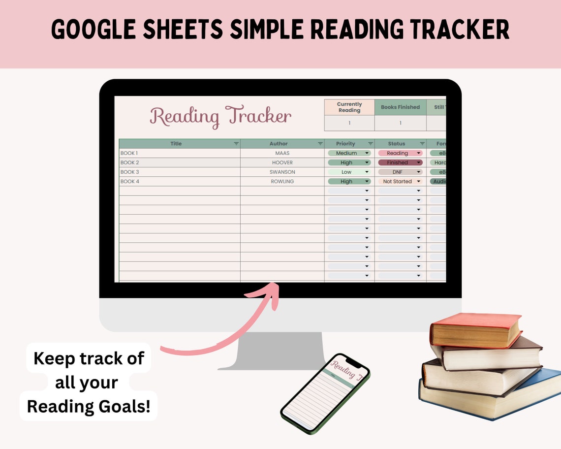 Google Sheets Reading Log Minimalist Reading Tracker Pink and Green Digital Book Journal for ...