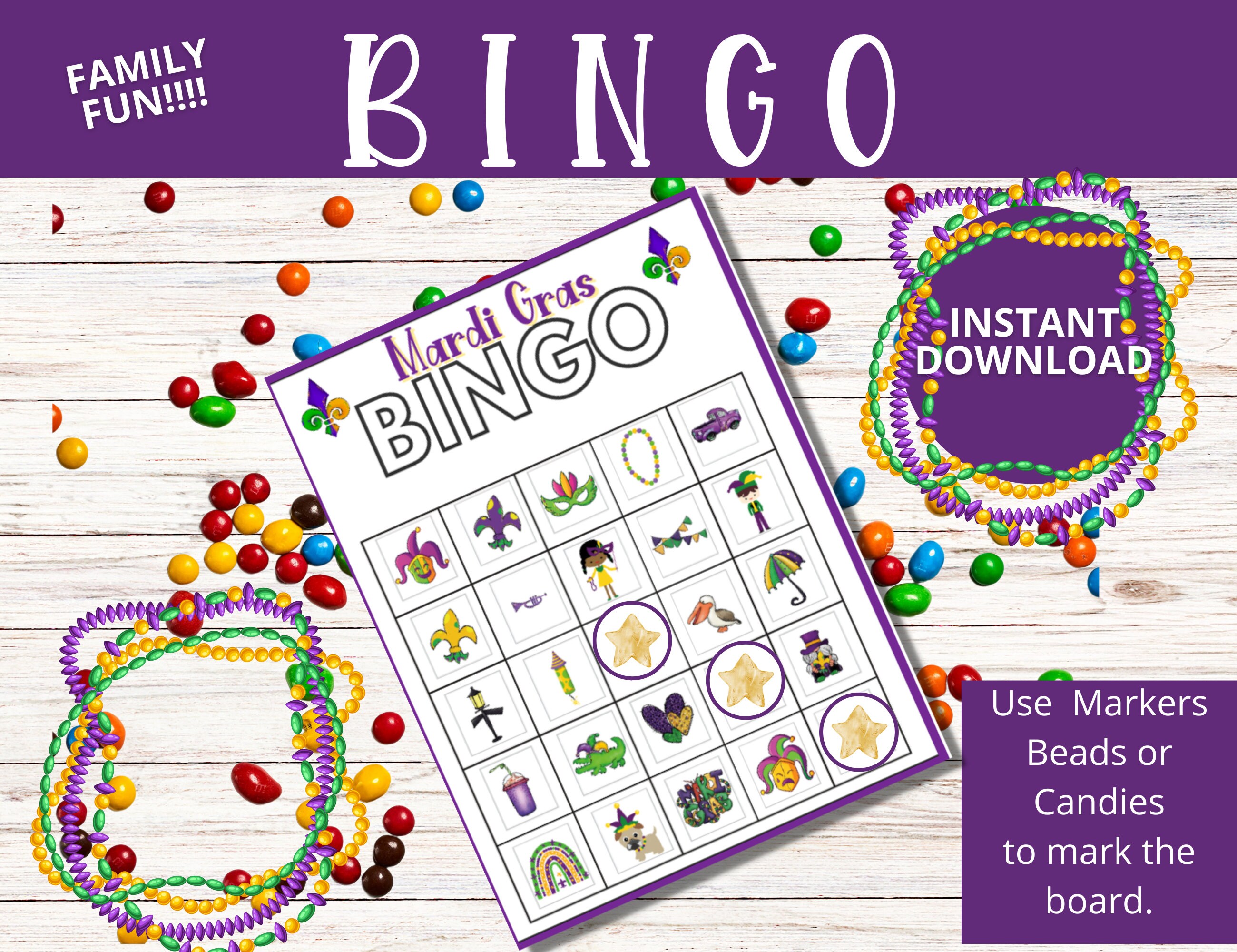 Mardi Gras BINGO Game for Kids and Adults, Family Activity, Holiday ...