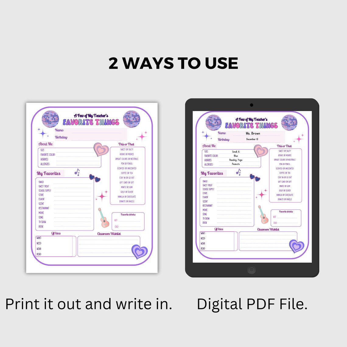 Teacher's Favorite Things Printable | Back to School Gift for Teachers ...