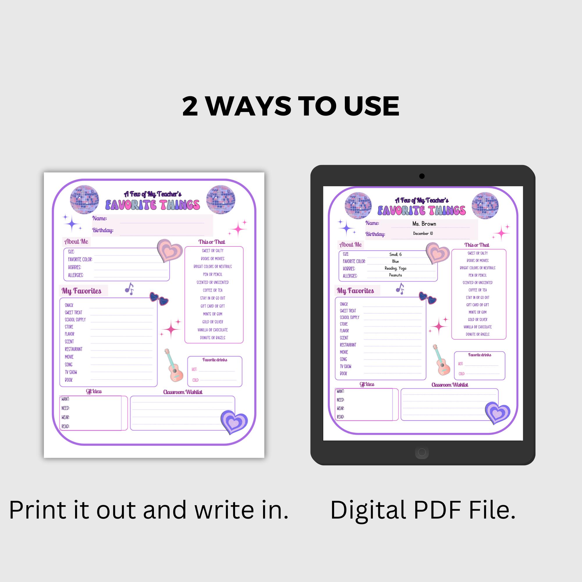 Teacher's Favorite Things Printable Back to School Gift for Teachers ...