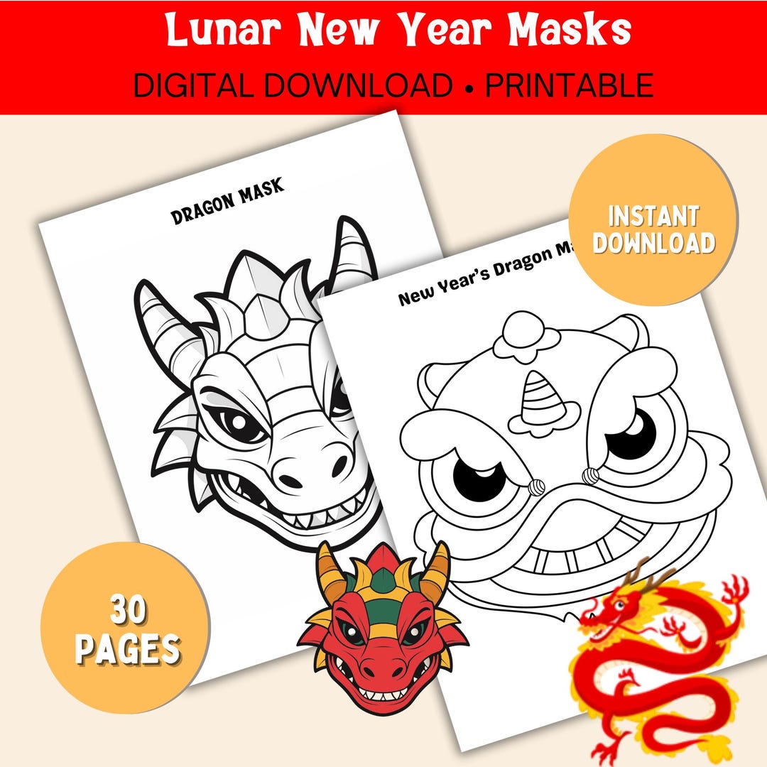 Lunar New Year Dragon Masks Printable | Chinese Zodiac Paper Masks ...