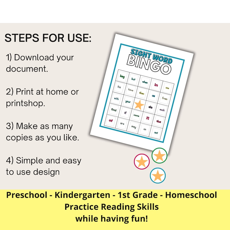 Sight Words Bingo | Kindergarten, First Grade, Homeschool Bingo Game - Etsy