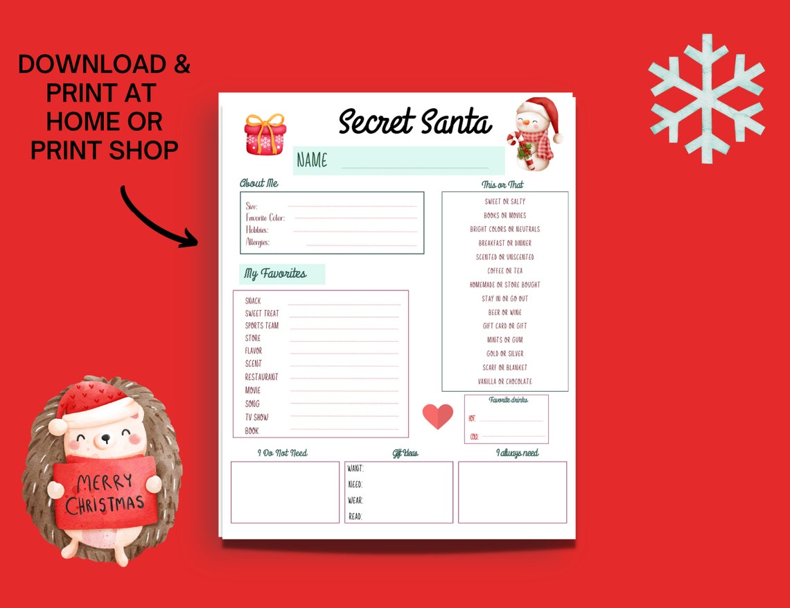 Secret Santa Questionnaire Printable, Gift Exchange Questionnaire ...