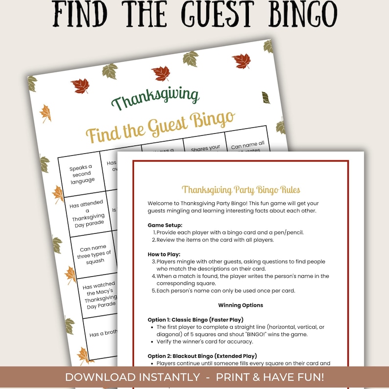 Printable Thanksgiving Find the Guest Bingo Game | Fun Icebreaker for ...