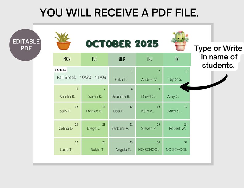 EDITABLE SNACK CALENDAR | Cactus Cutie Theme | Organize Snack Time With ...
