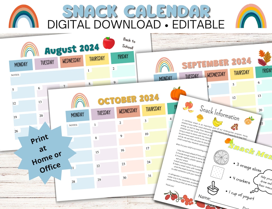 EDITABLE SNACK CALENDAR | Rainbow Theme | Organize Snack Time With Ease ...