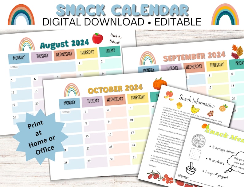 EDITABLE SNACK CALENDAR | Rainbow Theme | Organize Snack Time With Ease ...