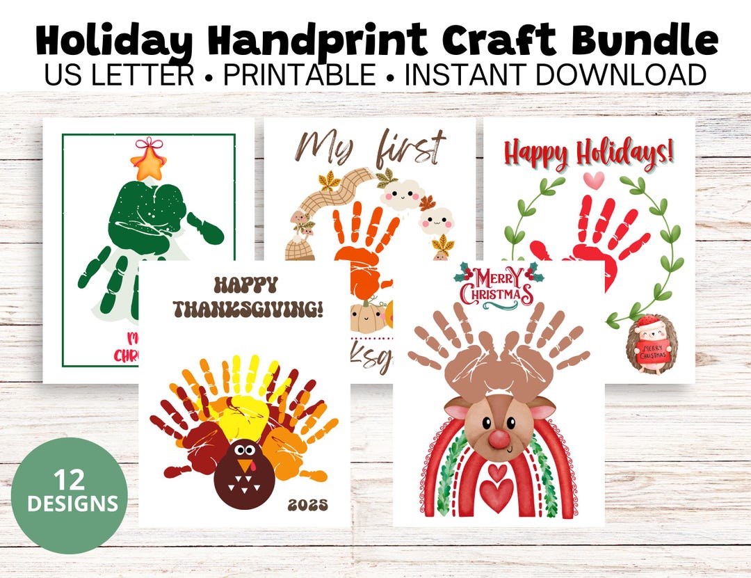 Holiday Hand-print Art Bundle, Thanksgiving Preschool Crafts, Christmas ...