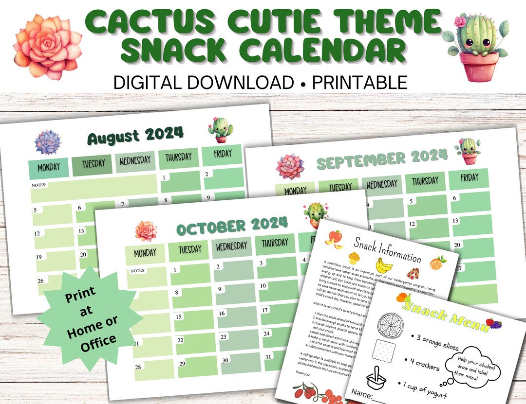 EDITABLE SNACK CALENDAR | Cactus Cutie Theme | Organize Snack Time With ...