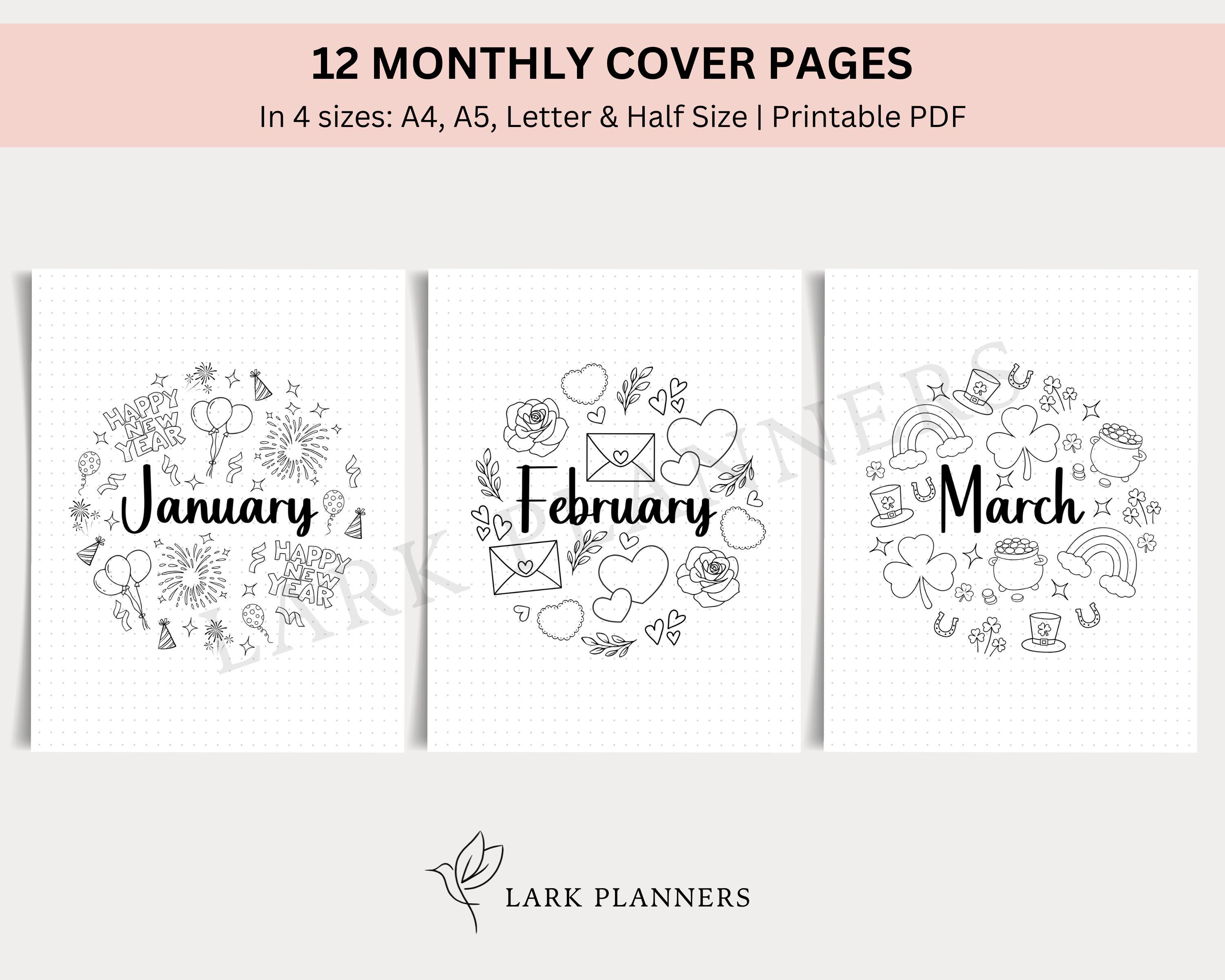 12 Month Title Pages Bundle, Bullet Journal Printable Monthly Cover ...