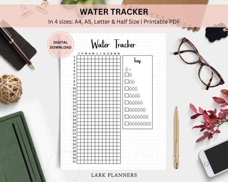 Water Tracker Monthly Printable Journal Page, Daily Tracker, Bullet ...