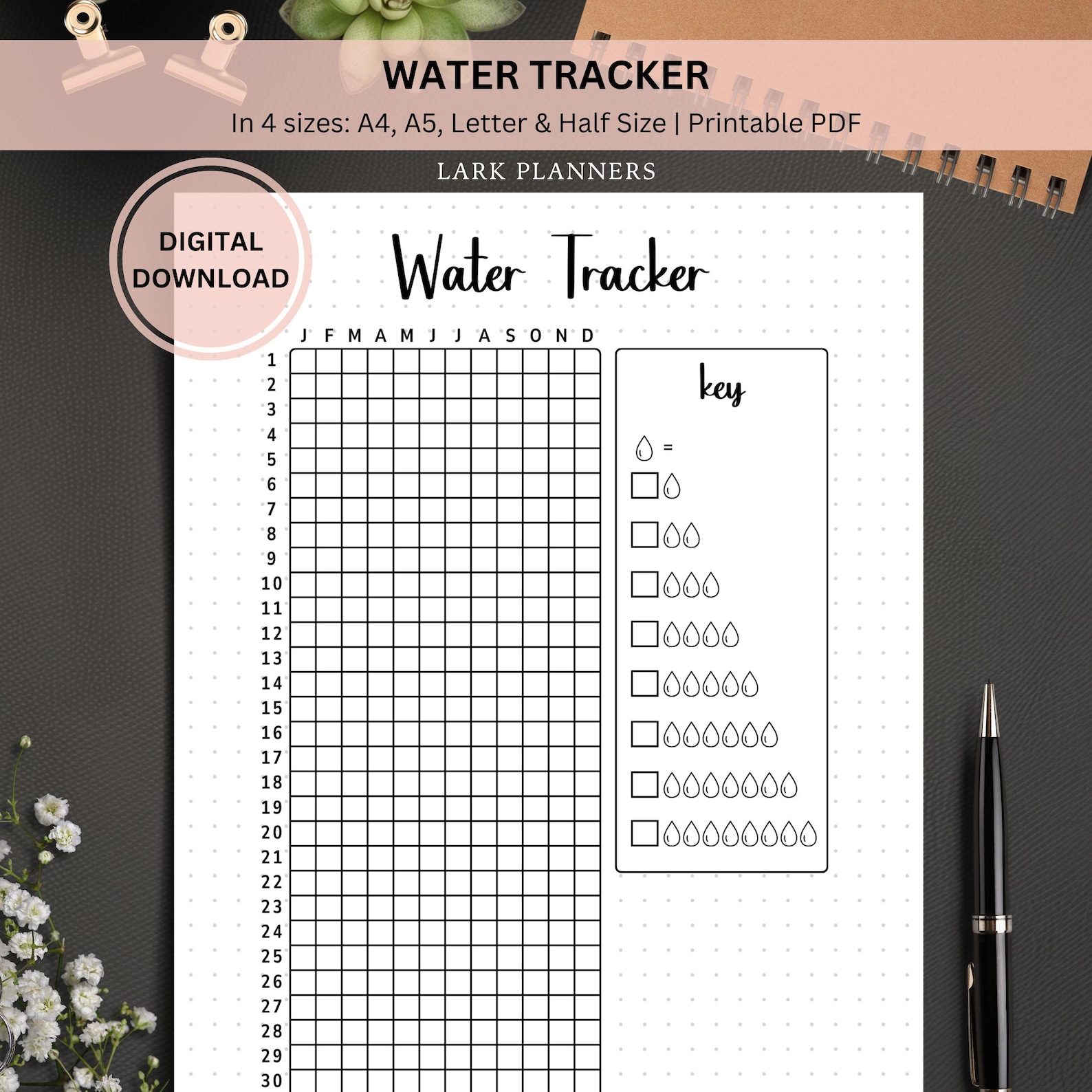 Water Tracker Monthly Printable Journal Page, Daily Tracker, Bullet ...