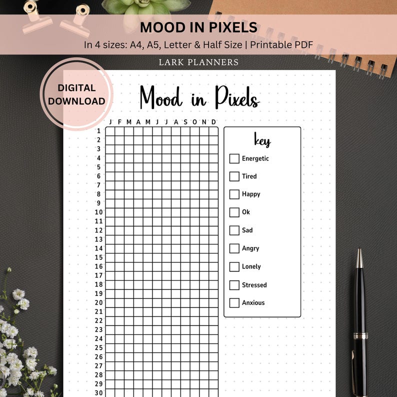 Mood in Pixels Printable Journal Page, Daily Feelings Mood Tracker ...