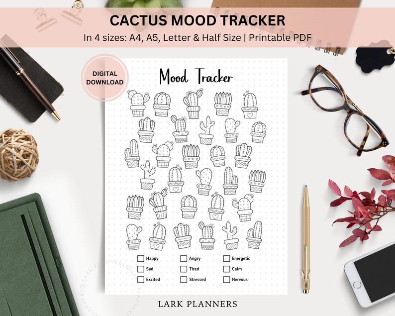 Cactus Mood Tracker, Bullet Journal, Emotion Tracker, Botanical Summer ...