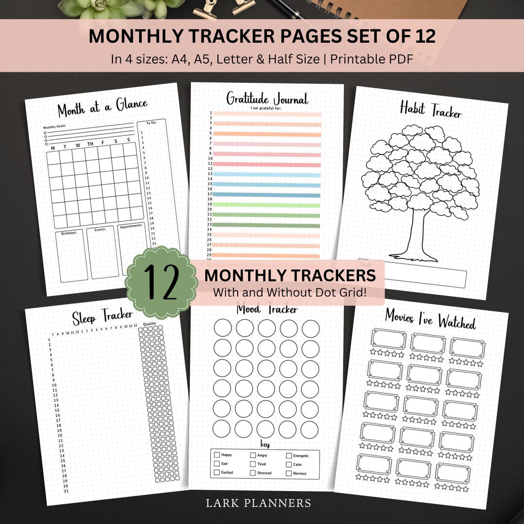 Monthly Bullet Journal Tracker Bundle, Habit Tracker Premade Printable ...