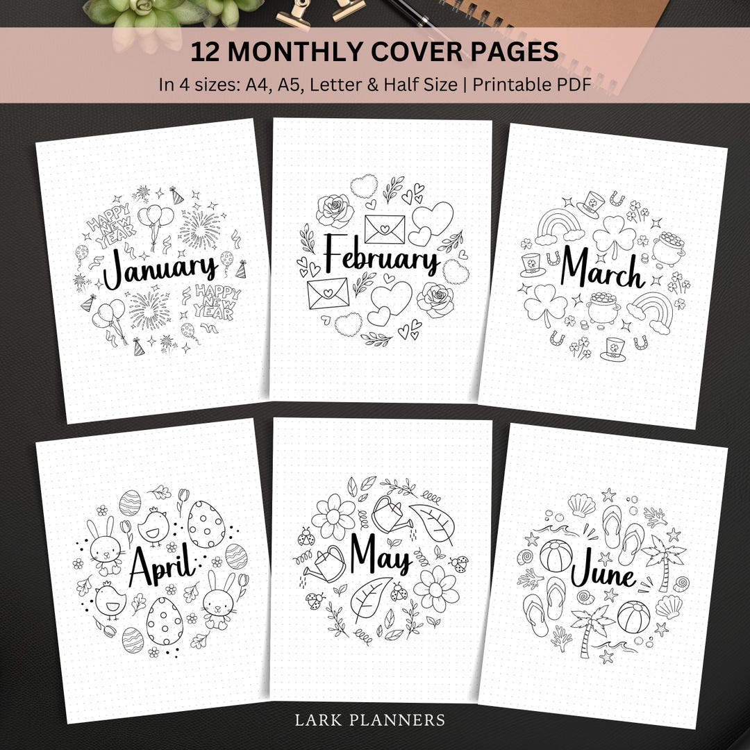12 Month Title Pages Bundle, Bullet Journal Printable Monthly Cover ...