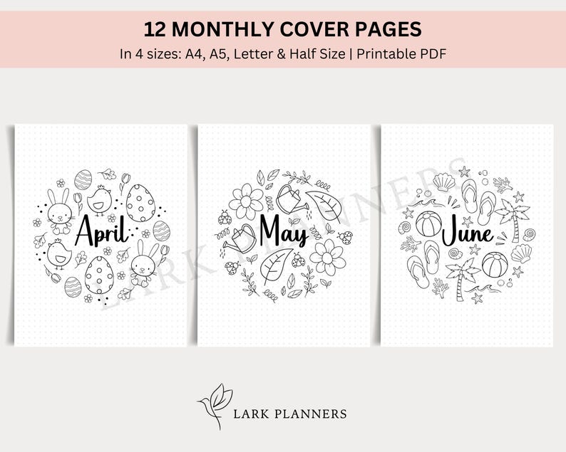 12 Month Title Pages Bundle, Bullet Journal Printable Monthly Cover ...