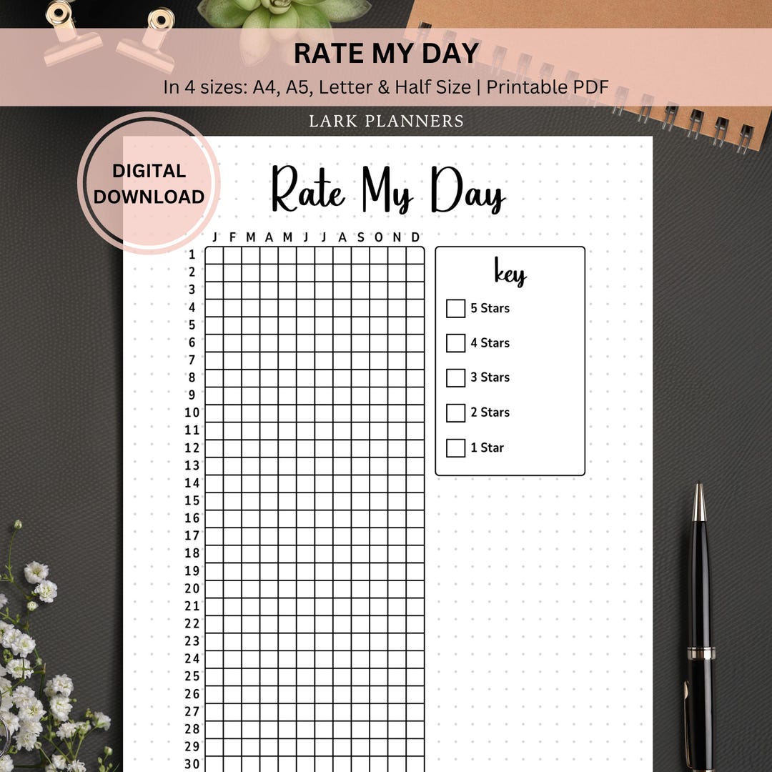 Rate My Day Printable Journal Page, Daily Rating Tracker, Moody Tracker ...