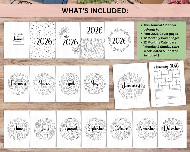 2026 Journal Bundle Planner Printable, Premade Bullet Journal Pages ...