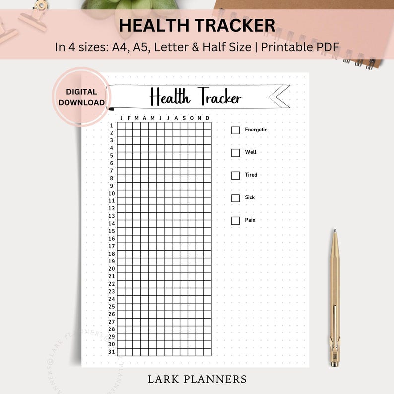Health Tracker Printable Bullet Journal Page, Health Journal, Symptom ...