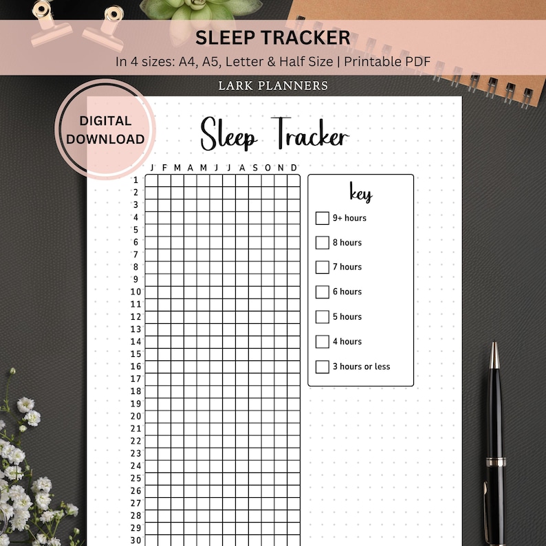 Sleep Tracker, Printable Bullet Journal Page, Yearly Tracker, Sleep Log ...