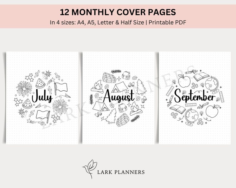 12 Month Title Pages Bundle, Bullet Journal Printable Monthly Cover ...