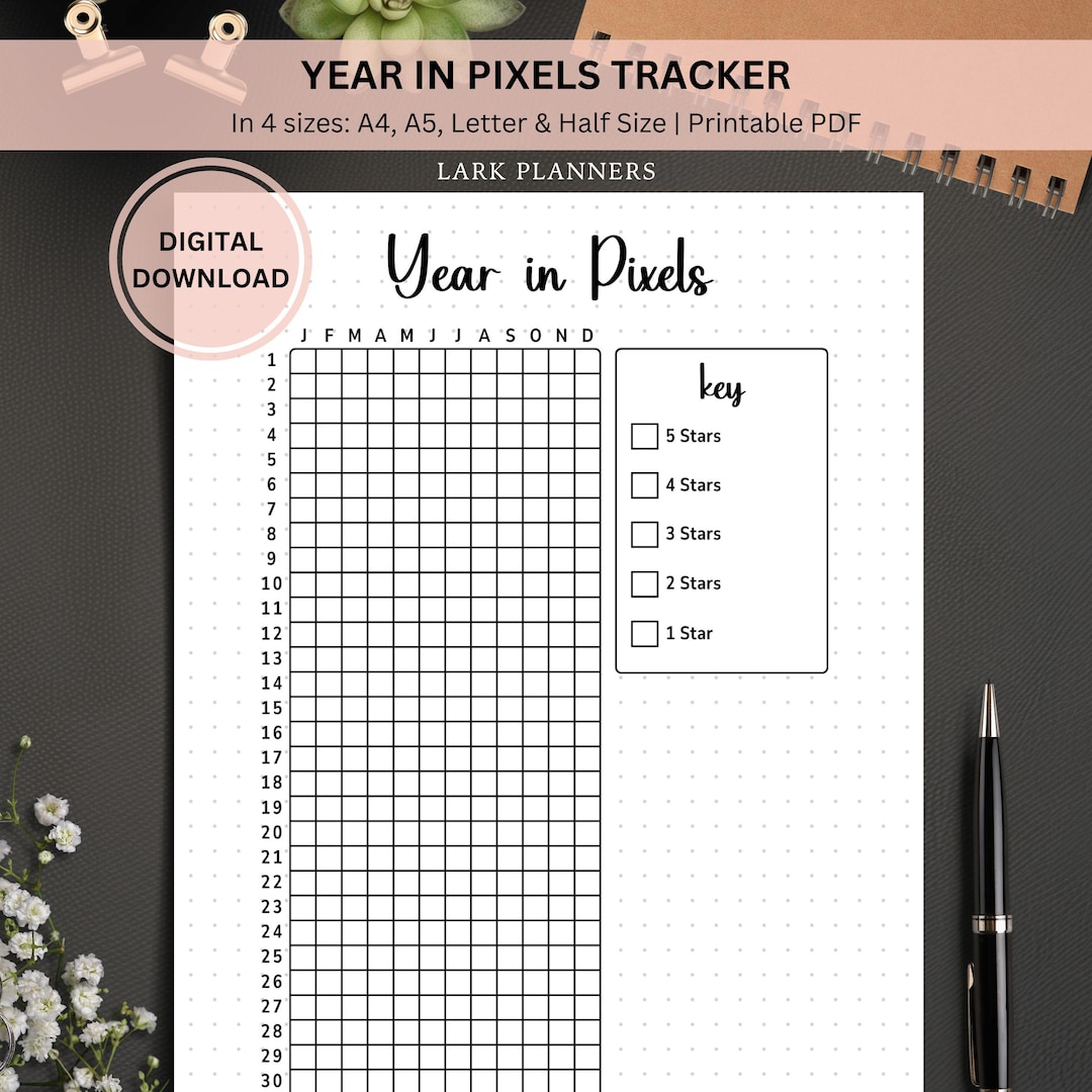 Year in Pixels Printable Bullet Journal Page, Daily Mood Tracker ...