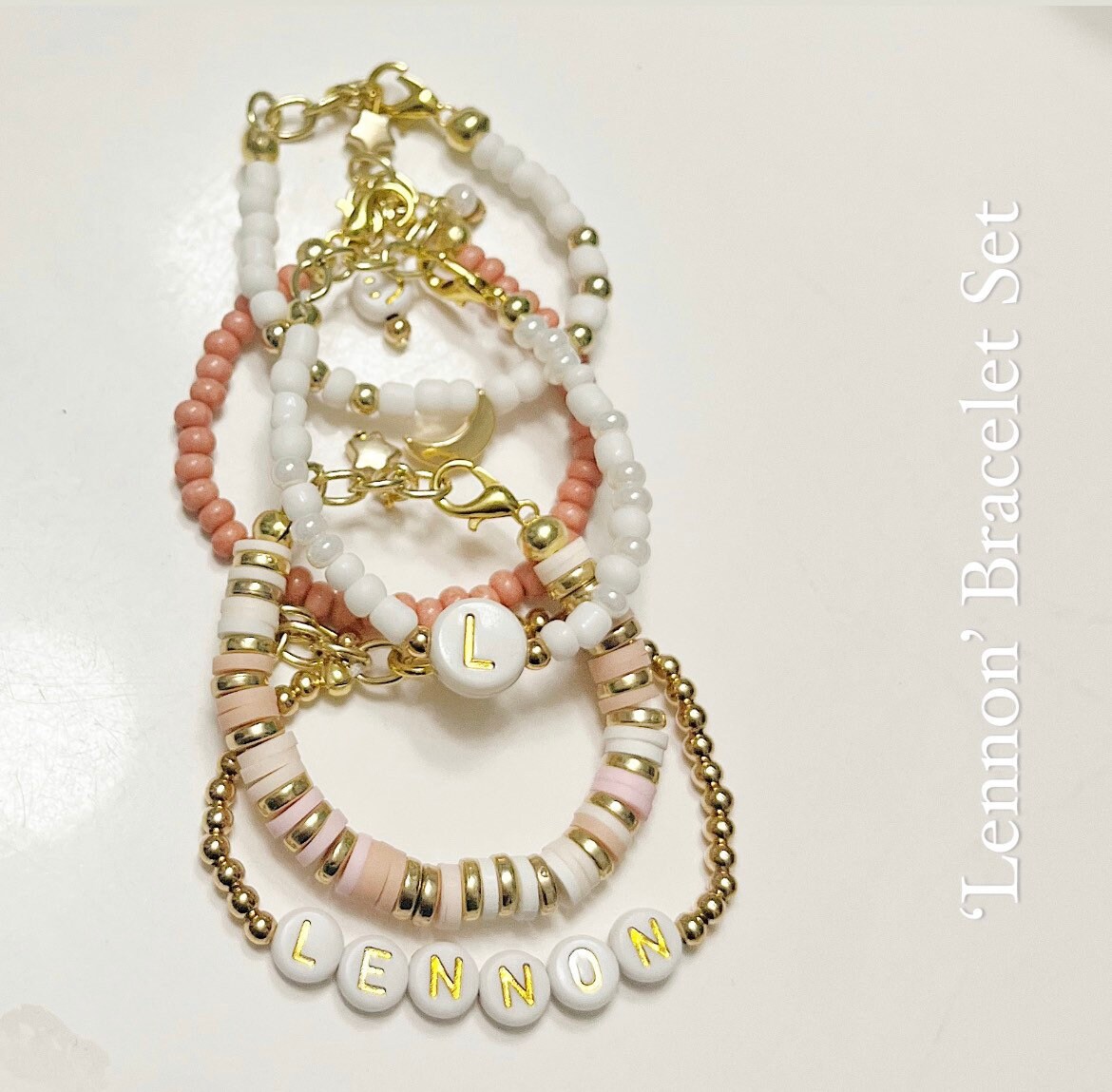 Personalized Baby Girl Bracelet Set | Gold, White, Pink Beaded Jewelry ...