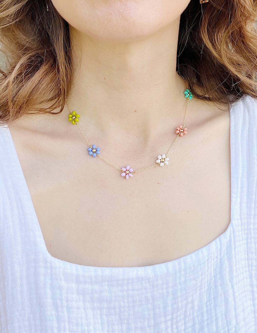Jane Flower Chain Necklace | Beaded Flower Gold Chain Summer Choker ...