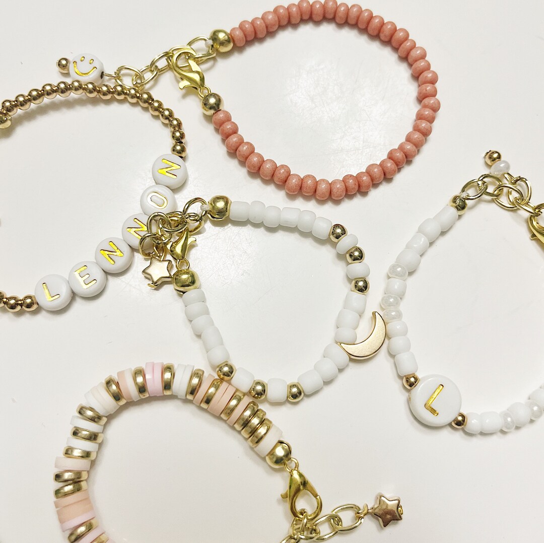 Personalized Baby Girl Bracelet Set | Gold, White, Pink Beaded Jewelry ...