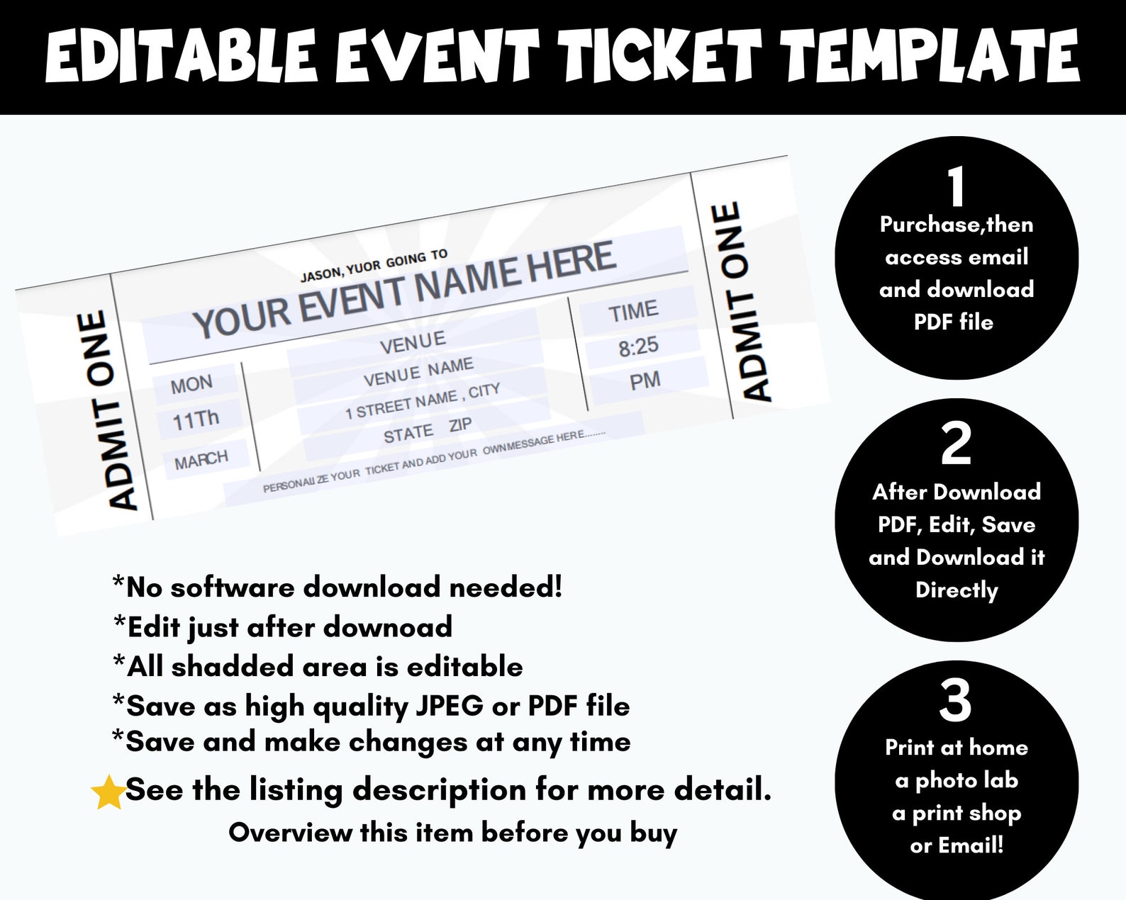 Editable Event Ticket Template, Event Tickets, Printable Event Ticket ...