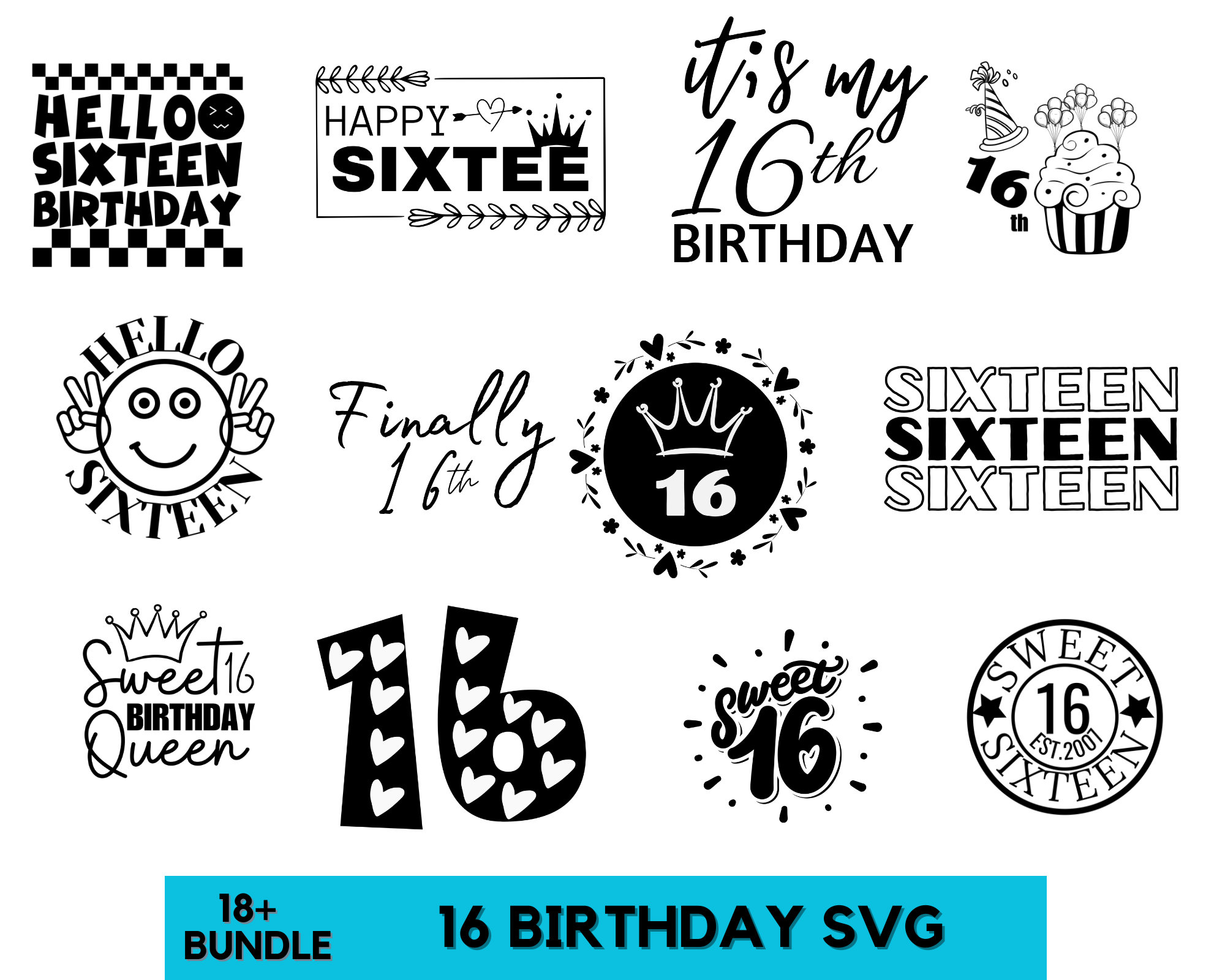 16th Birthday Svg Bundle, Sixteen Svg Png, 16 Birthday Png, Birthday ...