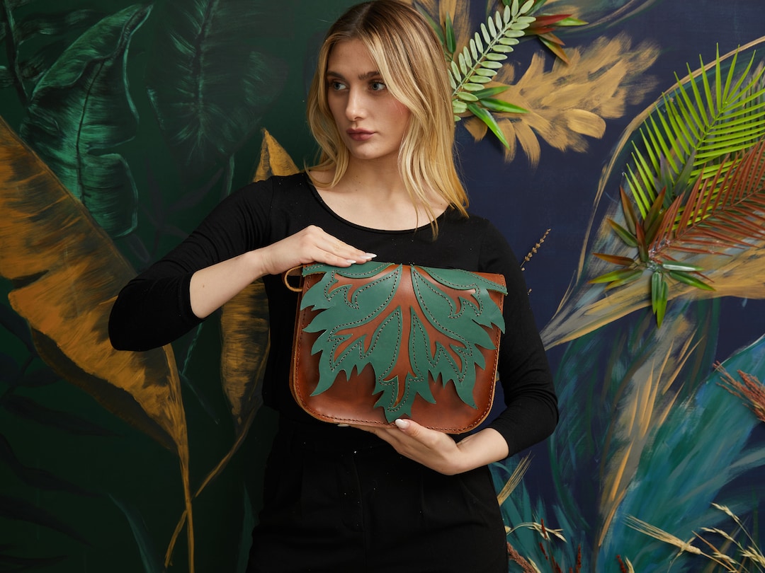 Green Leather Boho Satchel Purse Women, Leaf Shaped Leather Satchel Bag ...