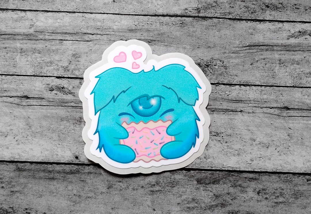 Happy Blue Pastry Monster Vinyl Sticker - 3-eyed Fluffy Monster With ...