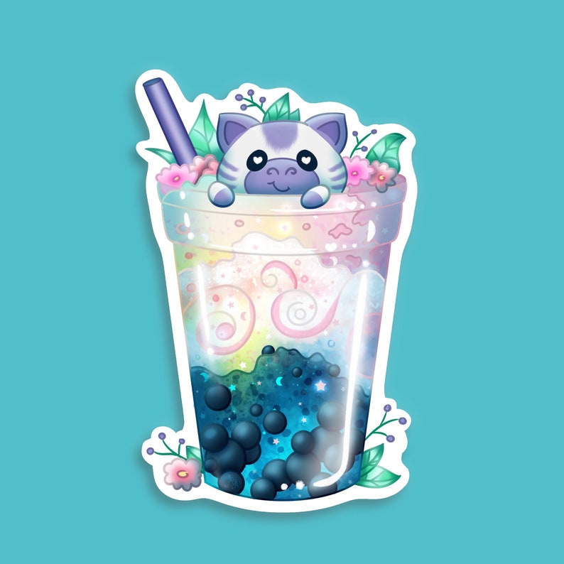Cute Kawaii Purple Zebra in Boba Tea Cup With Magic Swirls and Flowers ...