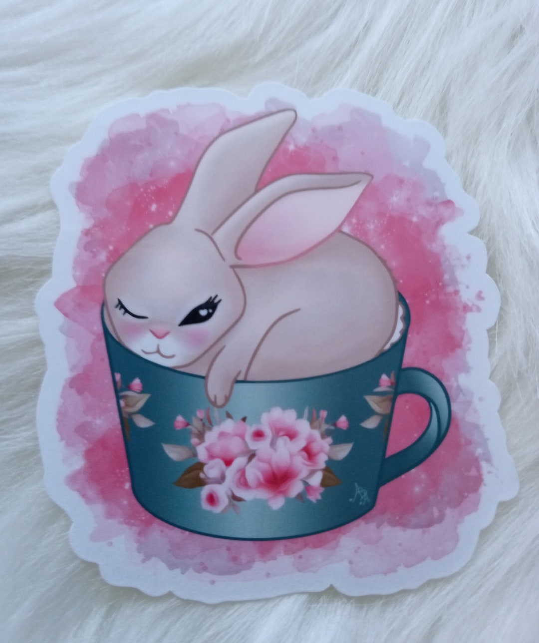 Cute Baby Bunny in a Teacup Sticker, Sleepy Bunny Rabbit in Floral Mug ...