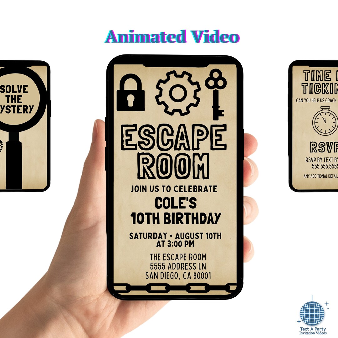 Animated Escape Room Birthday Invitation, Video Text Invite, 10th Boy ...