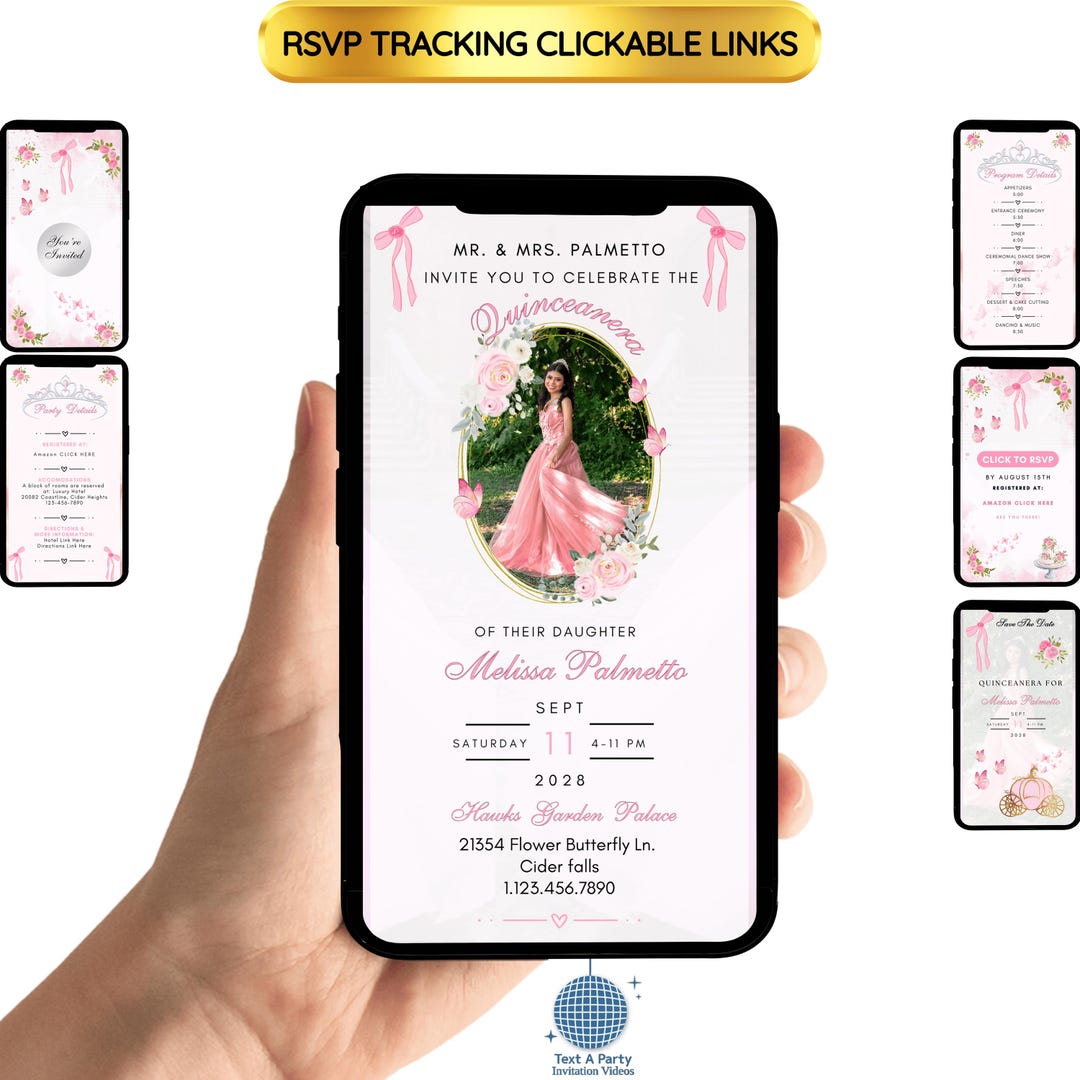 Pink Quinceanera Invitation: Bows, Butterfly, Crown Invite (interactive ...